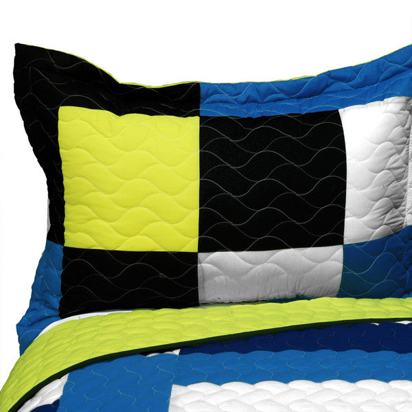 White Blue Yellow Black Geometric Teen Boy Bedding Full/Queen Patchwor ...