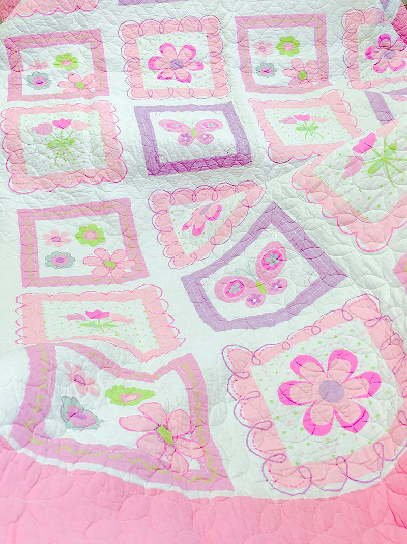 Pink Butterflies & Flowers Girl Bedding Twin Cotton Quilt Set ...