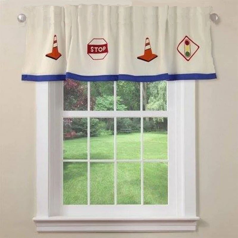 Construction Zone Kids Window Valance for Boys White Blue Embroidered ...