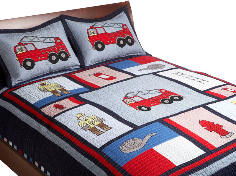 Firemen & Red Fire Trucks Cotton Twin Quilt Set Designer Embroidered B ...